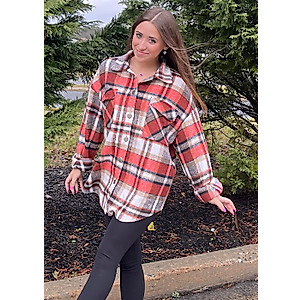 KIRUNDO Women's 2024 Fall Winter Flannel Plaid Shirts Jacket Casual Long Sleeve Boyfriend Button Down Shacket Coats(Style3-Orange, X-Large)