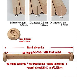1 PCS Wooden Round Wardrobe Closet Rod for Hanging Clothes Premium Closet Pole Wardrobe Cross- bar Clothes Hanging Rods Natural Wood Wardrobe Closet Rod with End Supports for Closet Storage