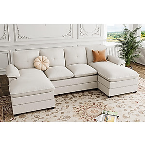 Shintenchi 110" Sectional Sofa Couch, U-Shaped Modular Couch Sleeper with Thick Cushion & Soft Backrest, 4 Seat Sofa Couch with Double Chaise for Living Room, Creamy White
