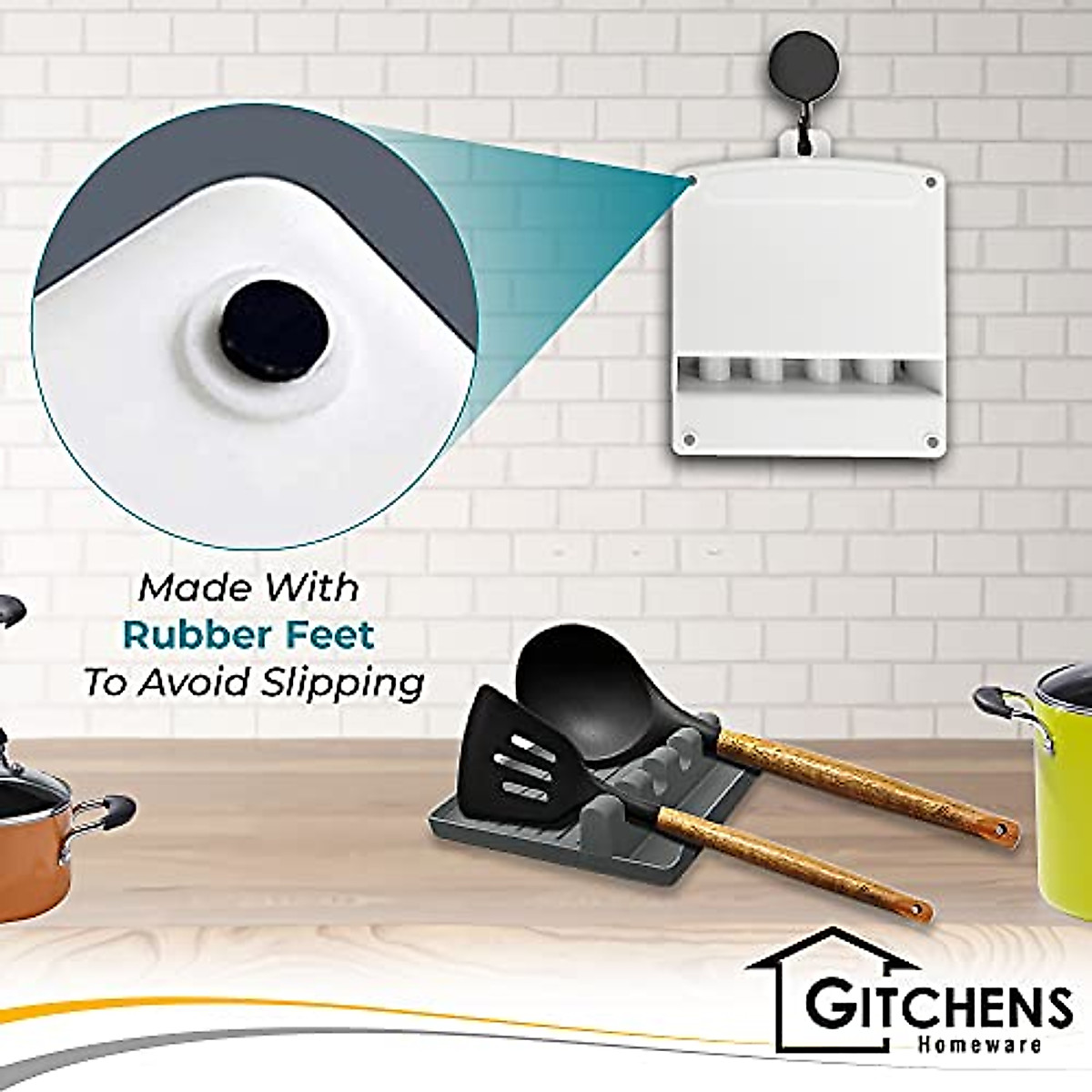 Gitchens Premium Utensil And Spoon Rest with Deep Drip Pad And Pot Lid Holder | Utensils And Spoons Cooking Stand for a Clean Grill, Stove And Kitchen | 2 Pack (White And Grey) with Hanging Hooks