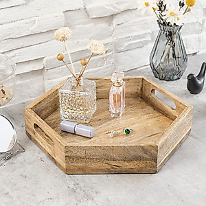 MyGift Decorative Serving Tray, 13 Inch Modern Solid Mango Wood Hexagonal Shaped Coffee Table Tray with Cutout Handles - Handcrafted in India
