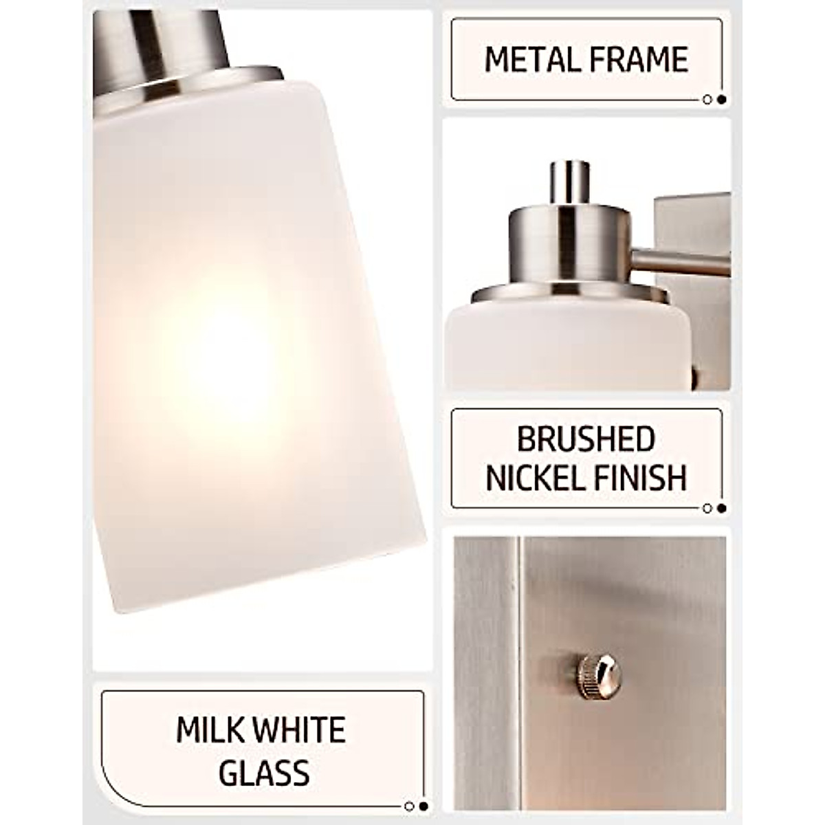 2-Pack Modern Bath Vanity Light Fixture 1-Light, Indoor Bathroom Wall Sconces for Living Room, Porch, Bedside, Brushed Nickel Finish with White Frosted Glass Shades Wall Mounted Lights