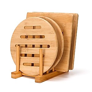 5 Pack Trivets for Hot Pots and Pans with Plate Rack Holder Set - Natural Bamboo Hot Pad No-Slip Design - Bamboo Trivets for Hot Dishes, Pot, Bowl, Teapot(2 Square 2 Roundness 1 Storage Rack)
