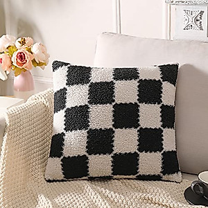 Fluffy Cesthetic Throw Pillow Covers Pack of 2 Cute Decorative Pillows Checkerboard Pattern Cushion Case Super Soft Faux Fur Wool Pillowcases for Couch Bedroom 16"*16" Black and White