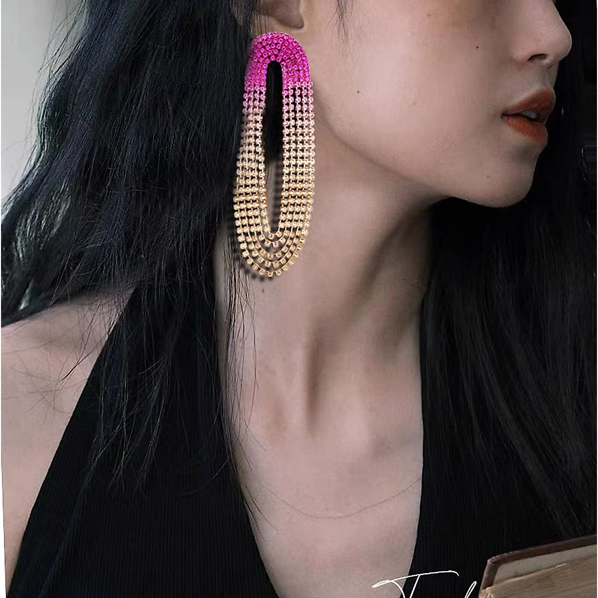 INLOLLY Pink Rhinestone Tassel Earrings for Women Sparkly Linear Fringe Crystal Dangle Earrings Long Shining Statement Dangling Chandelier Jewelry Fashion