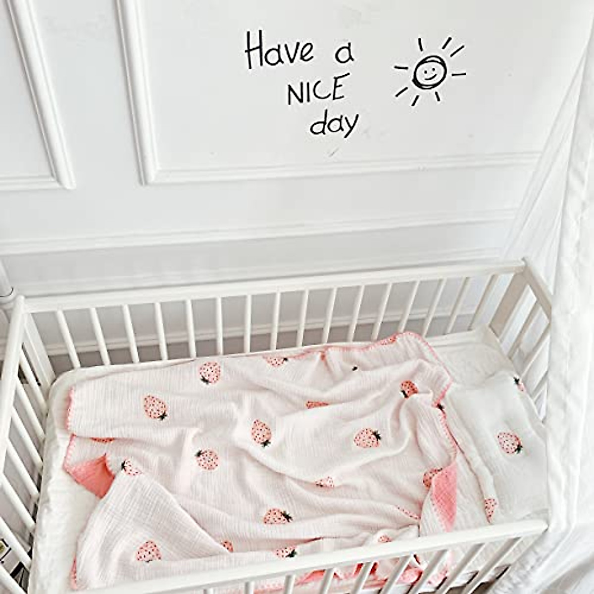 47x59 Extra Large 6 Layer 100% Organic Cotton Super Soft Warm Muslin Baby Swaddle Bed Blanket for Girls Infant Newborn Natural White Color Light Pink Strawberry Fruit Lovely Print Bedding Thick Winter