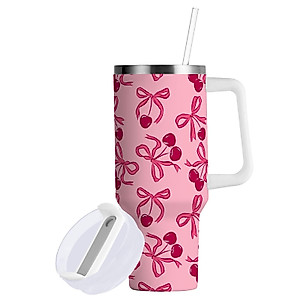 Bseiialft 40 oz Tumbler with Handle Pink Bow Cherry Water Bottle with Lid and Straw Vacuum Insulated Cup Stainless Steel Travel Coffee Mug for Home Office Car