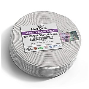 fast Cat. Alarm Wire CMR Cable for Low Voltage Fire Detector, Security Stations, Door Bell & Burglar System - 22AWG 4C SOL Coil, White, 500 ft with Pull Box,