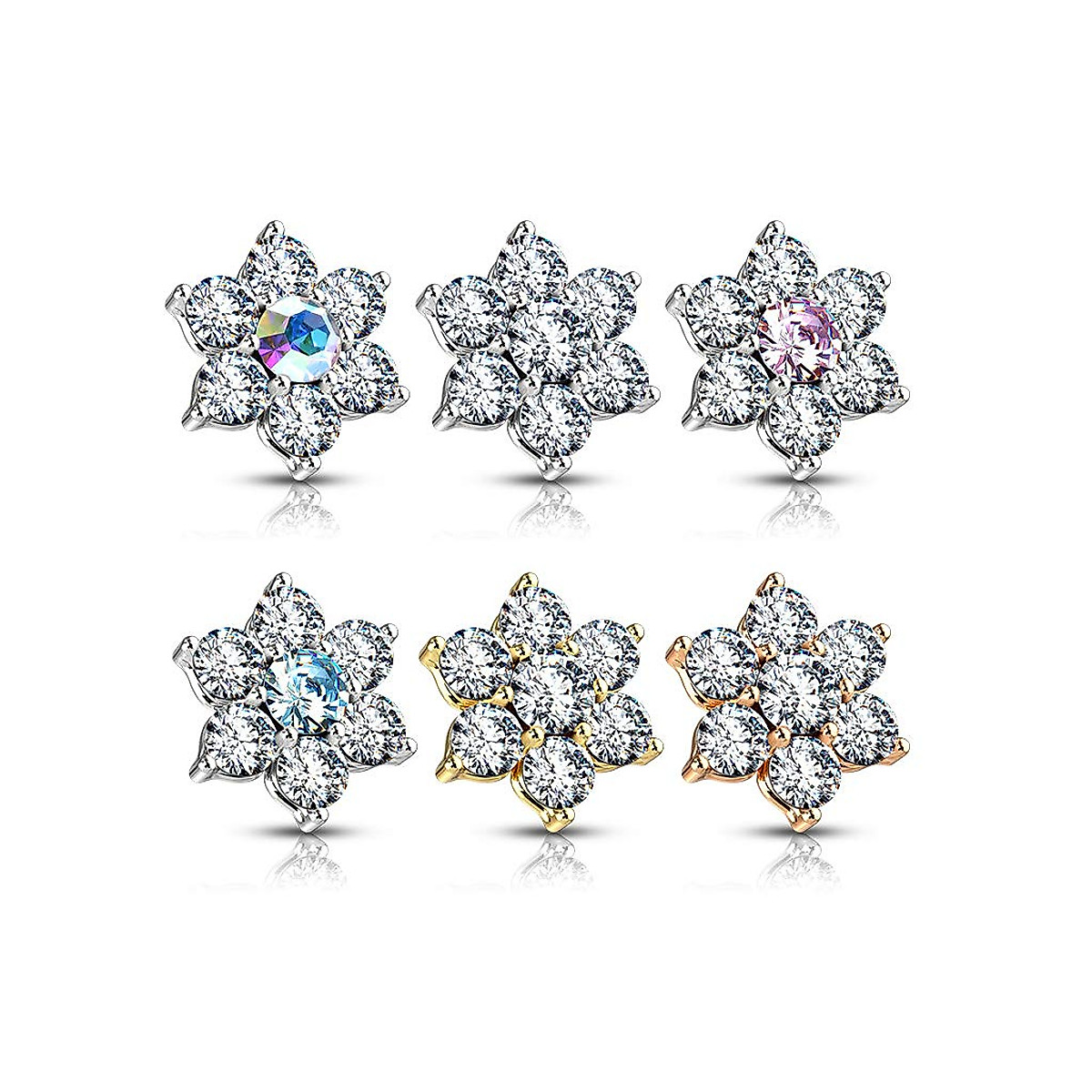 7 CZ Flower Internally Threaded Dermal Tops (Aurora Borealis)