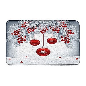 YSATNSFT Merry Christmas Bath Mat Red Christmas Ball White Snow Pine Leaf Berry Winter Snowfield Festive Theme Bathroom Bedroom Kitchen Toilet Rug Soft Memory Foam Backing,18x30 Inch