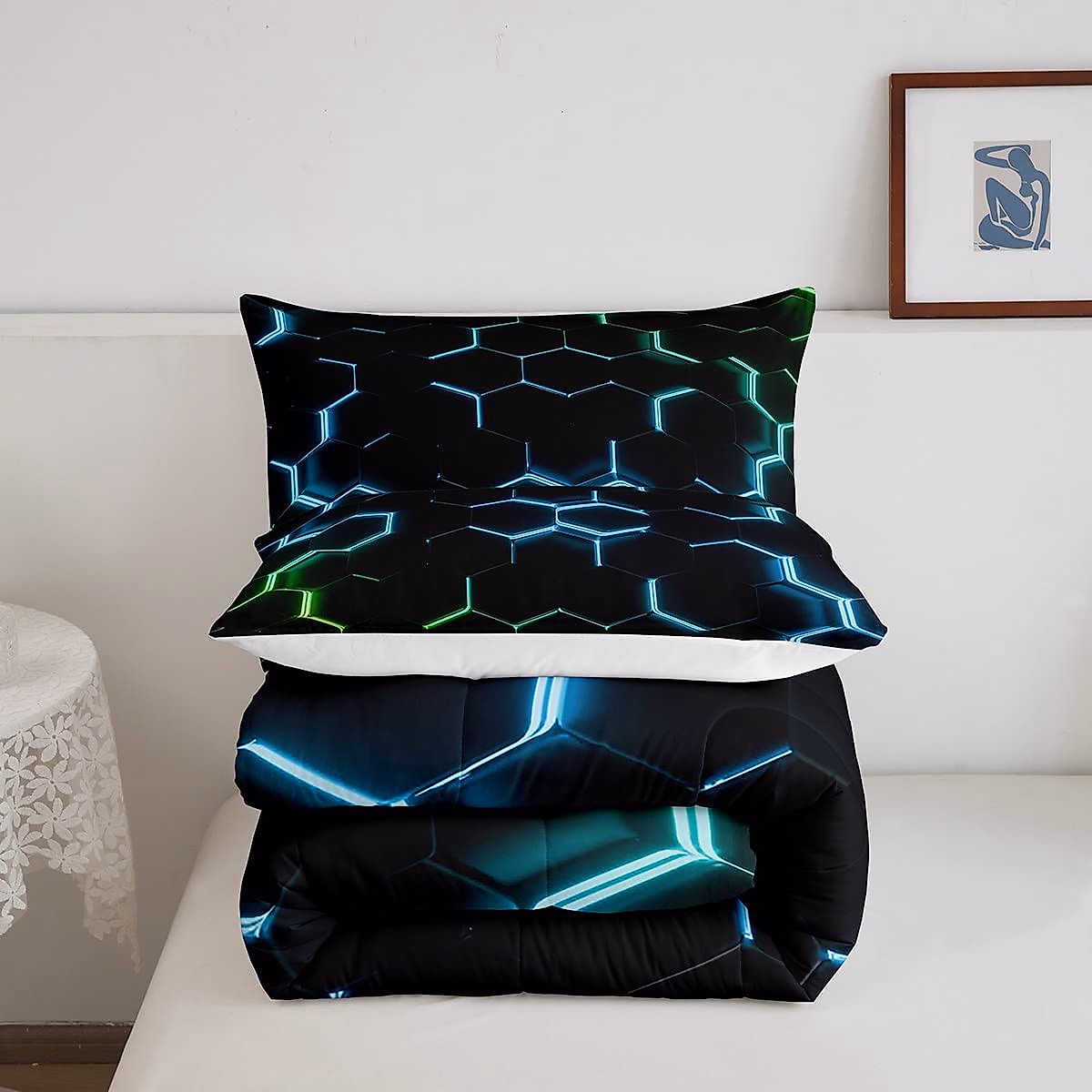 Teal Blue and Black Print Comforter Set Hexagonal Bedding Set Kids Boys Teens Honeycomb Decor Comforter Beehive Geometric Quilt Set Bedroom Collection 3Pcs Full Size