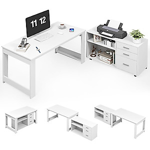 MU 55inch White L Shaped Desk, Corner Computer Desk with 3 Drawers and 2 Shelves, Writing Office Table with Storage File Cabinet, Large Executive Desk with Wheels for Home Office, Bedroom