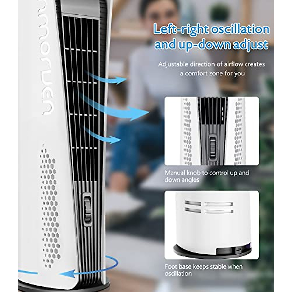 CONBOLA Desk Fan for Bedroom with Cold Air for Home, 16" Battery Operated Bladeless Rechargeable Fan, 10000mAh Small Tower Fan, Quiet Oscillating Portable Fan with 3 Speeds Timer LED Light, Office