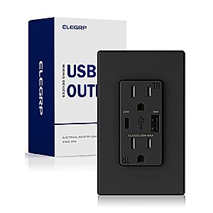 ELEGRP PD 3.0 USB Wall Outlet Receptacle, USB C Port Supports 20W Quick Charge for iPhone 12/13/14 Series, Continues 18W for Older Devices, 15A, UL Listed, w/Wall Plate, 1 Pack, Matte Black