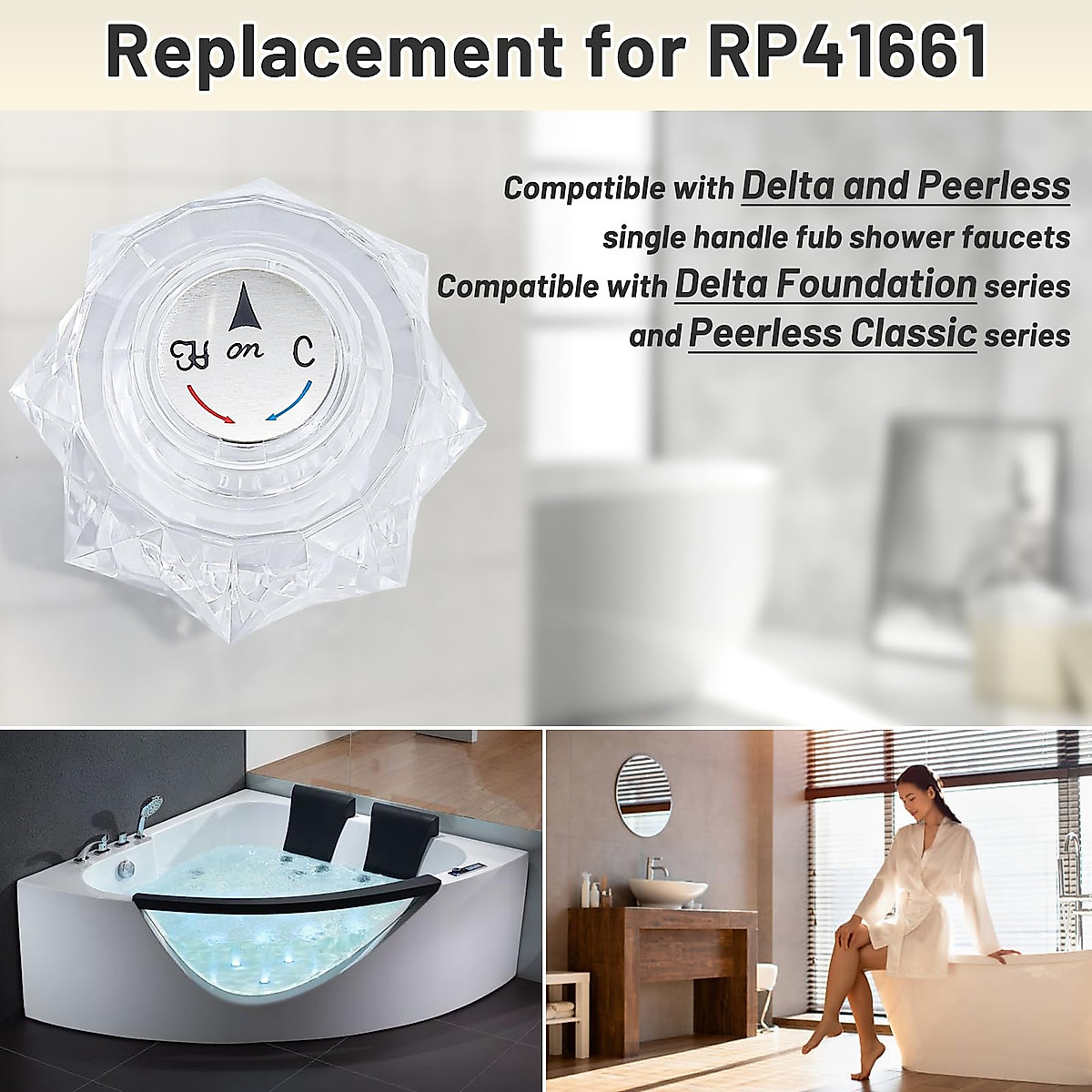 Shower Handle Replacement Assembly for RP41661,Shower Knob Replacement Compatible with Delta and Peerless Single Handle Tub Faucets,Universal Shower Handle Replacement,Clear Acrylic