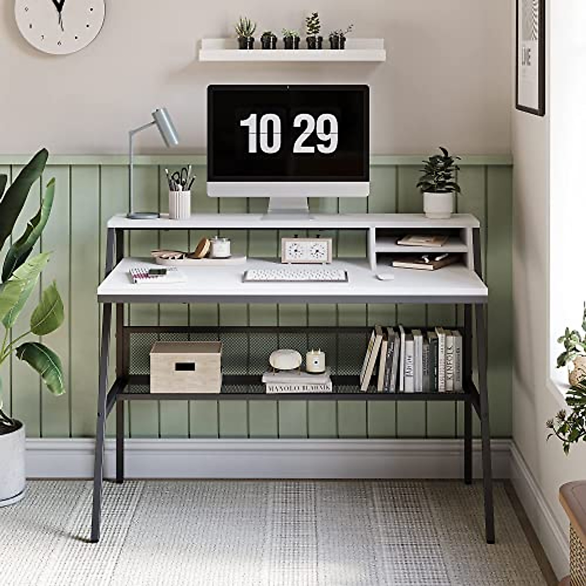 CubiCubi Computer Desk with 2 Storage Drawers, Home Office Writing Desk, Study Table for Small Space, (White, Storage Shelves)