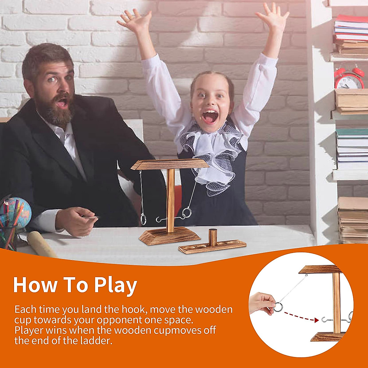 Dippyy Ring Toss Game for Adults - Wooden Ring Hook Tossing Game, Hook and Ring Game On a String, 2 Player Battle Ring Hook Game, Table Top Ring Swing Game for Outdoor, Party