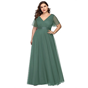 Ever-Pretty Women's Ruffle Sleeves Double V-Neck Tulle Wedding Party Dresses Plus Size Green US20