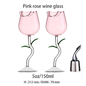 JMOREGO Creative Rose Flower Wine Glasses Crystal Red Wine Glasses, Goblet Wine Cocktail Juice Glass for Party Wedding Festival Bar Celebration,Stainless steel champagne red wine stopper (Pink)
