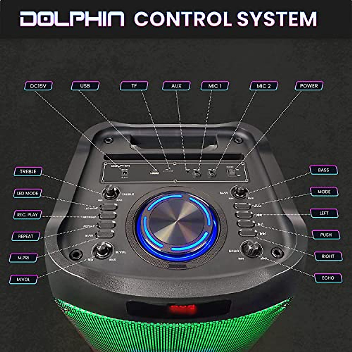 Dolphin SPF-1212R Powerful Sound & BASS 5100W | Portable Rechargeable Big Party Speaker | Dual 12", 3X 1 Tweeters | LED Party Lights, Handles and Wheels