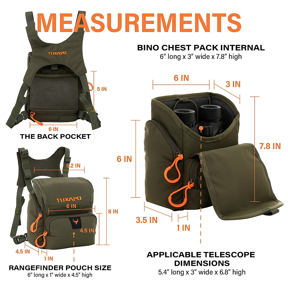 Tuxapo Binocular Harness Chest Pack with Rangefinder Pouch Bino Case for Hunting Hiking Shooting