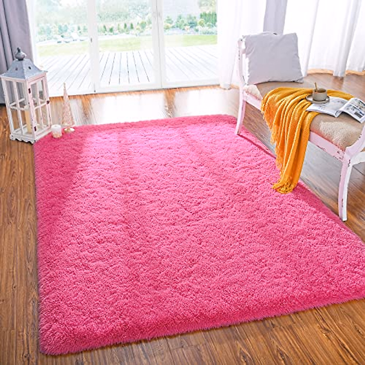 Rtizon Super Soft Fluffy Bedroom Rug, 5.3x7.6 Feet Shag Rug with Non-Slip Bottom for Bedside Living Room Dorm Nursery, Fuzzy Furry Shaggy Area Rug for Indoor Kids Baby Home Decor, Hot Pink
