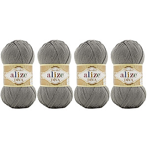 100% Microfiber Acrylic Alize Diva Silk Effect Knitting Sport Crochet Yarn Lot of 4 Ball skeins 400gr 1532yds Color (87 Coal Grey)