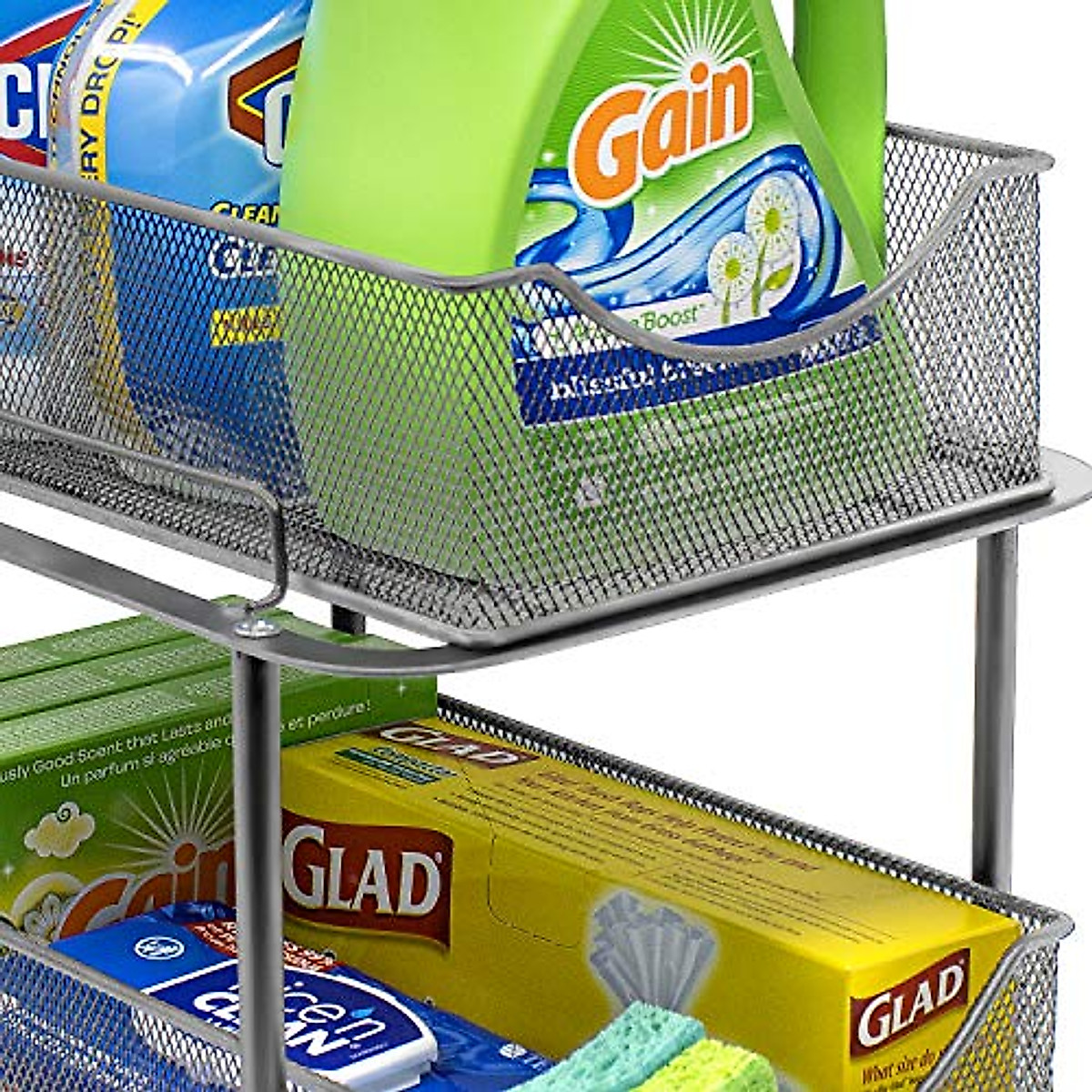 Sorbus 2 Tier Under The Sink Organizer Baskets with Mesh Sliding Drawers —Ideal for Cabinet, Countertop, Pantry, and Desktop, for Bathroom, Kitchen, Office, etc.—Made of Steel (Silver)