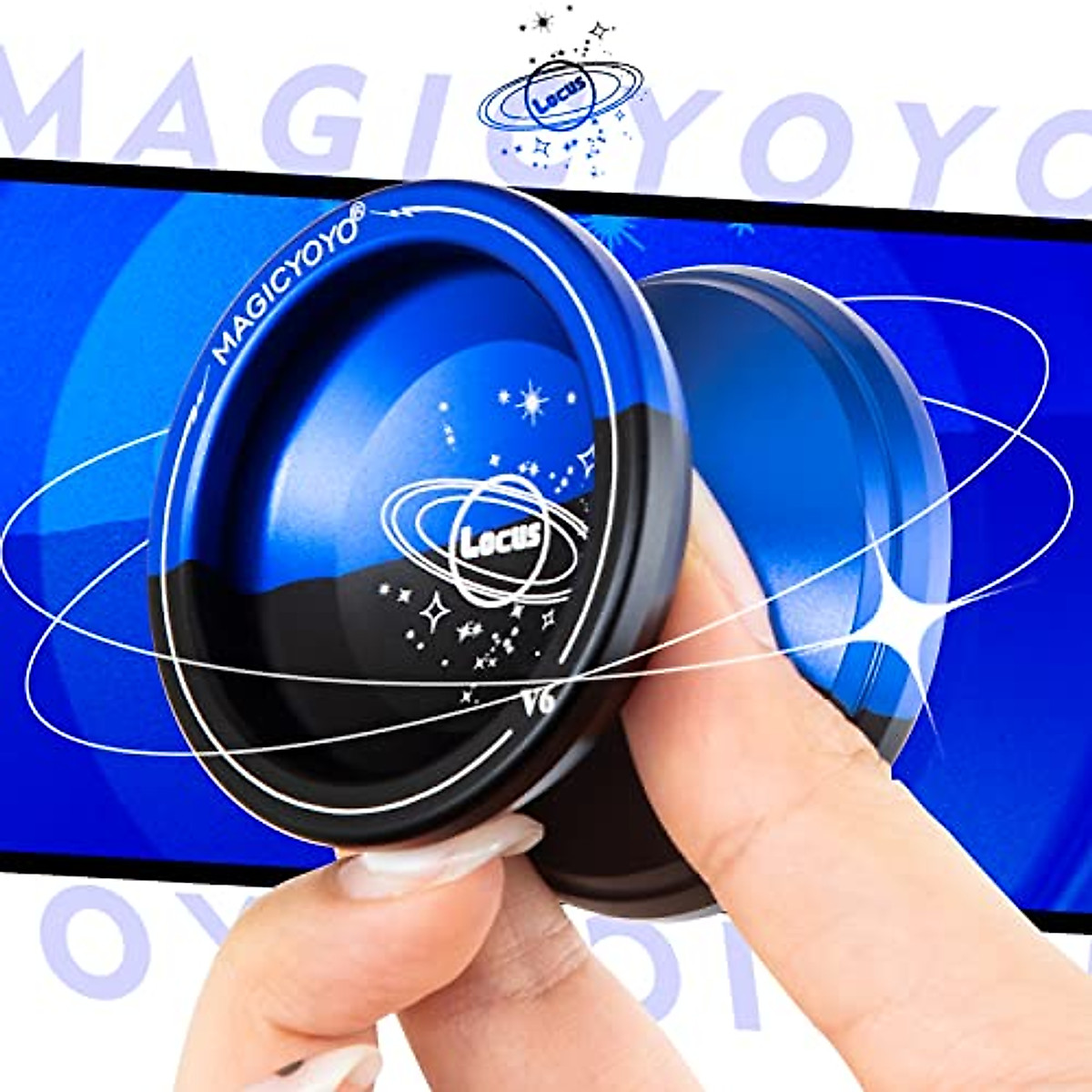 MAGICYOYO Responsive V6 Black Blue Aluminum YoYo for Kids Beginner Learner with 1 Yoyo Storage Bag, 1 Unresponsive Bearing Kit, 12 Yoyo Strings
