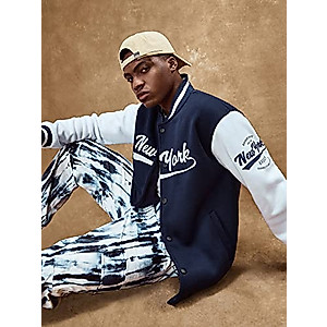 Floerns Men's Letter Graphic Print Long Sleeve Color Block Baseball Jacket Blue and White M