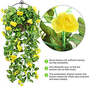EuroBird Artificial Flowers Hanging Basket for Outdoor Indoor, Fake Silk Flowers, Handmade Metal Wall Mount Basket with Artificial Rose Flowers for Home, Patio, Garden, Lawn Decoration (Yellow)