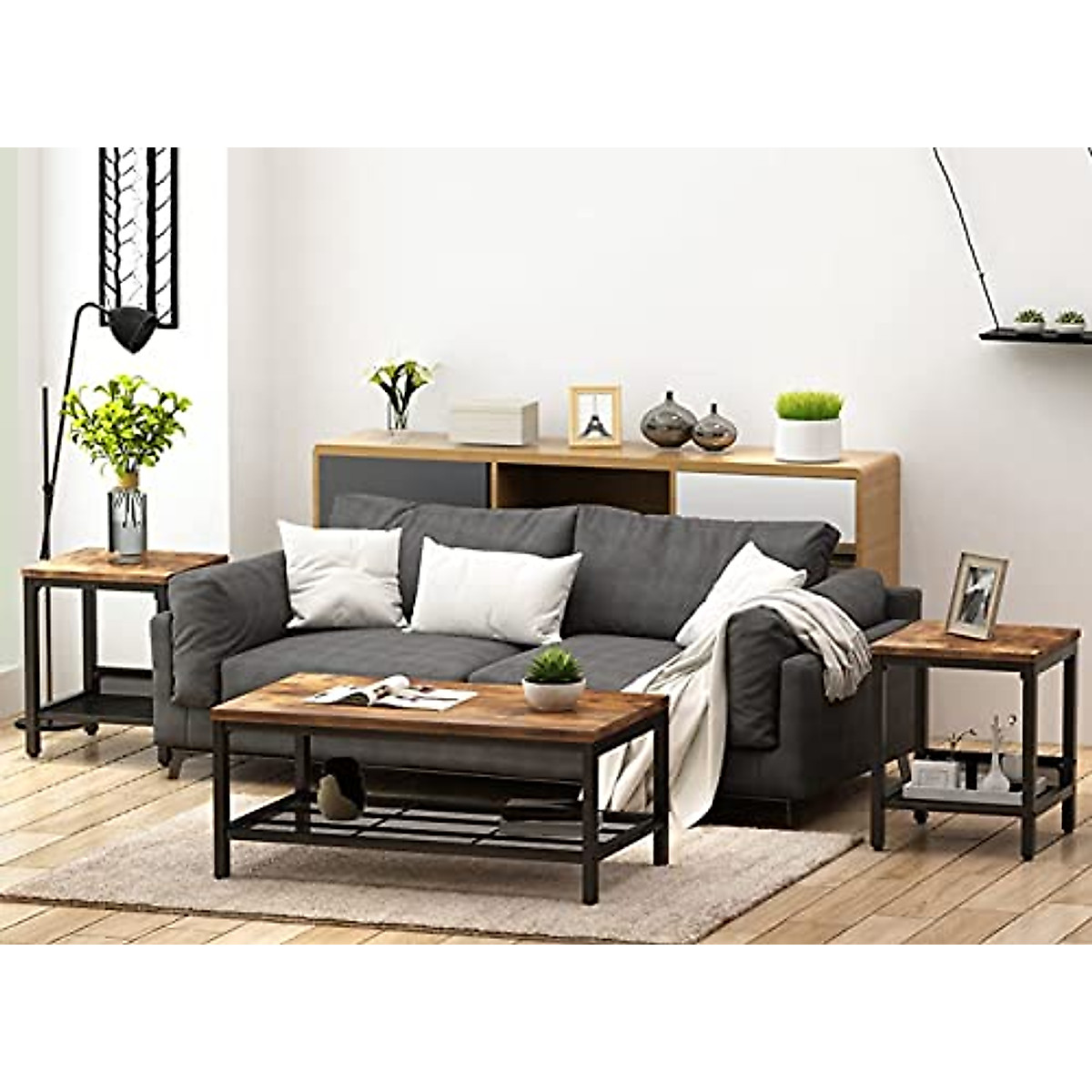 Lamerge 3 Pieces Living Room Table Set, Industrial Coffee Table with 2 Square End Side Tables, Coffee Table Set with Metal Frame for Apartment Home Office, Rustic Brown