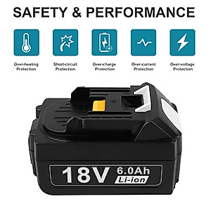 [1Pack] 18V 6.0 Ah High-Output Battery for Makita 18-Volt Tools BL1860 BL1850B BL1850 BL1840 BL1830 BL1820 BL1815 LXT-400, 18V Tool Battery