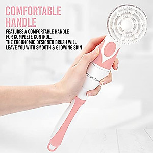 Brookstone 6 Piece Electric Body Bath Brush | Long Handled Body Scrubber and Facial Cleansing Brush | Battery Powered Shower Brush with 4 Spin Brush Heads
