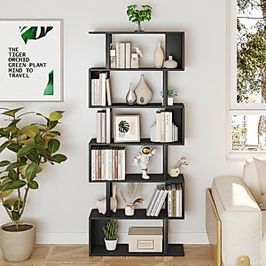 Yusong S Shaped Bookshelf, Modern Geometric Bookcase, 6-Tier Black Display Case Book Shelf