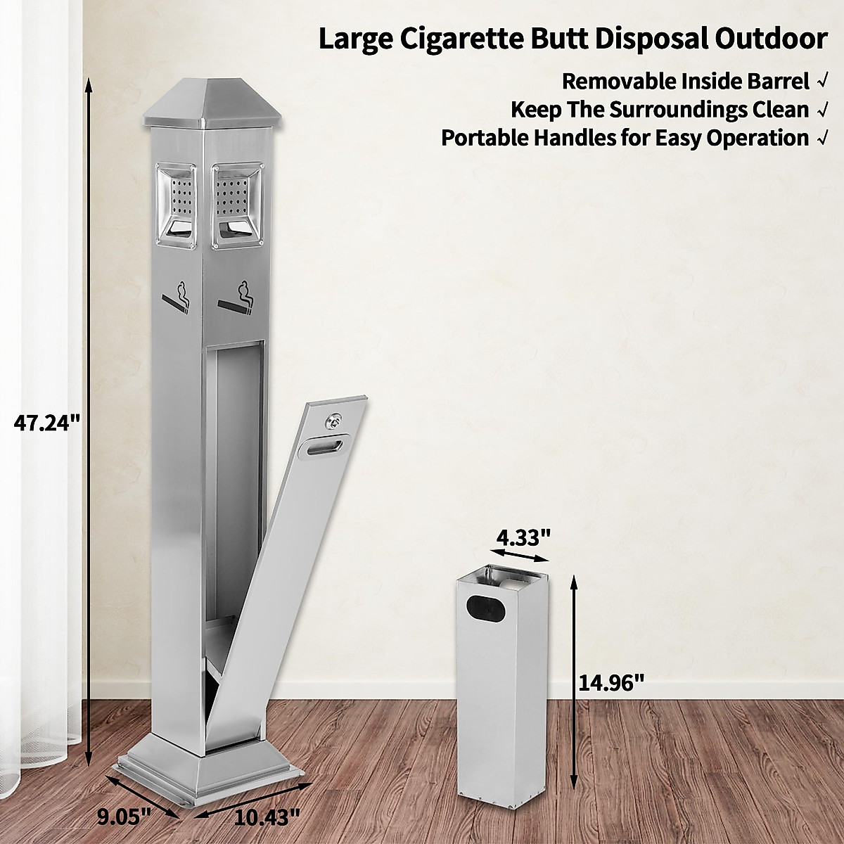 lukar Commercial Trash Receptacles Metal Trash Container Heavy Duty Trash Disposal Outdoor Vertical Trash Can for Patios Gardens Hotels Pubs Offices(Silver)