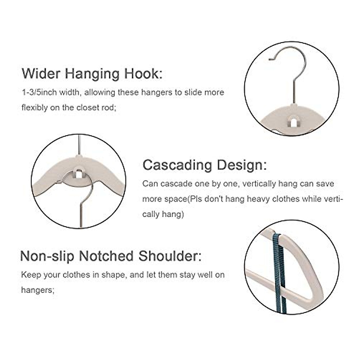 TQVAI 50 Pack Cascading Velvet Hangers with Chrome Hooks Ultra Thin No Slip Clothes Hangers, Beige