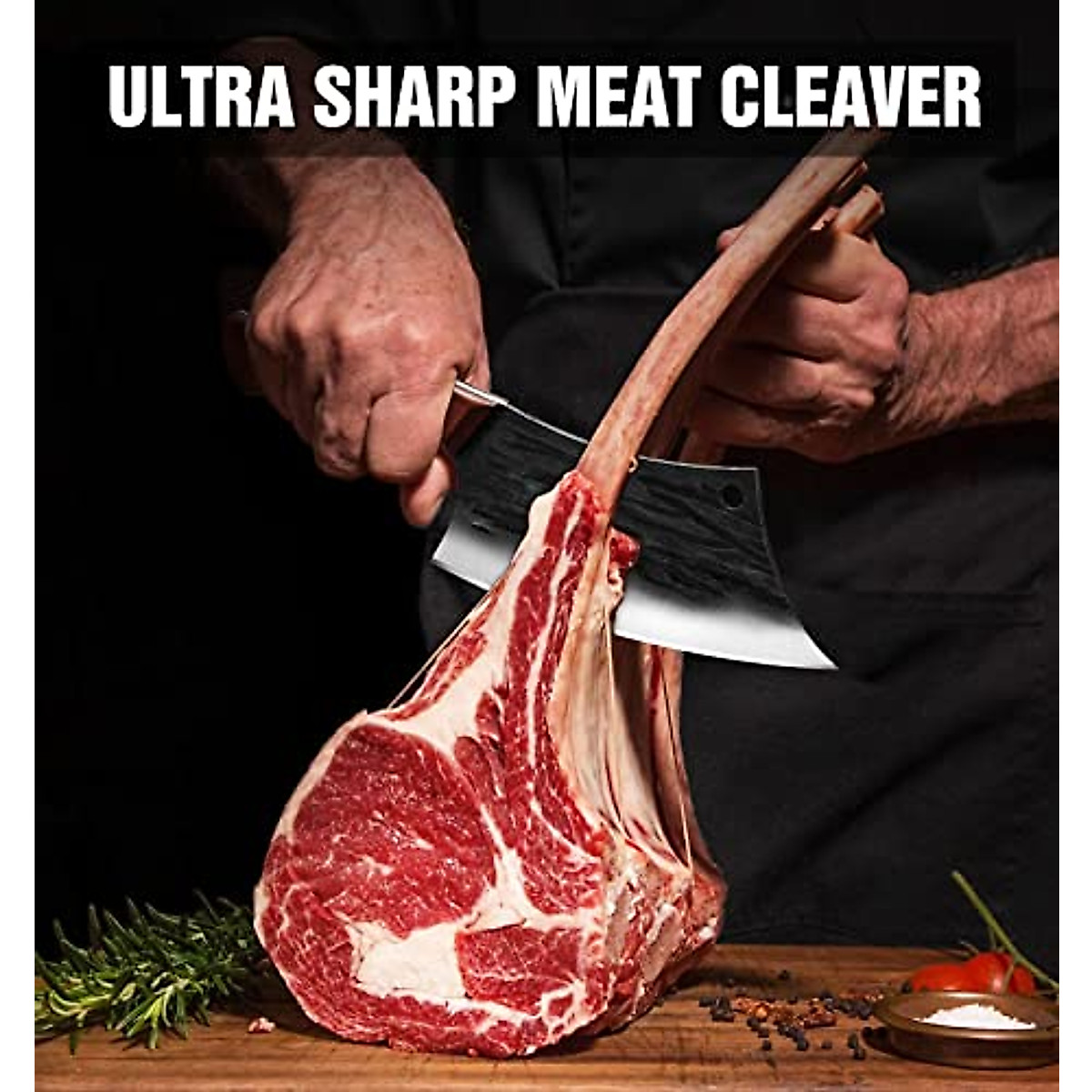 ENOKING Meat Cleaver Hand Forged Chef Knife High Carbon Steel Kitchen Butcher Knife with Full Tang Handle Leather Sheath Chopping Knife for Kitchen, Camping, BBQ (6.3 IN)