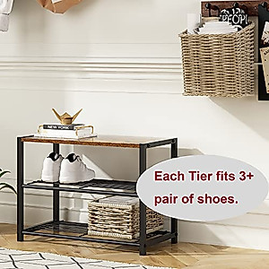 Yusong Shoe Rack, 3 Tier Shoe Organizer Storage for Closet Entryway, Narrow Slim Metal Shoe Shelves with Industrial Wooden Top, Rustic Brown and Black