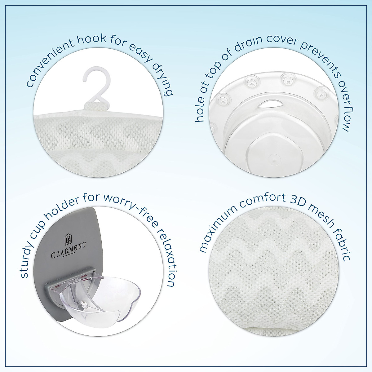 Charmont Luxury Bath Pillow Set, Relaxing Spa Bathtub Headrest for Head and Neck Support, Slip Resistant Waterproof Bathtub Cushion Strong Suction for Soaking Tub 3D Air Mesh with Accessories