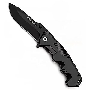ROLSCH - Black Tactical Knife - Spring Assisted Folding Knife – Black Stainless Steel Blade and Black Aluminum Handle with Pocket Clip - Great Folding Knife for Hunting, Camping, Survival, Tactical, EDC