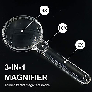 Staoptics 3 IN1 Magnifying Glass 3X 2X 10X Transparent Handheld Magnifier for Kids Seniors Reading Small Prints &Low Vision Macular Degeneration
