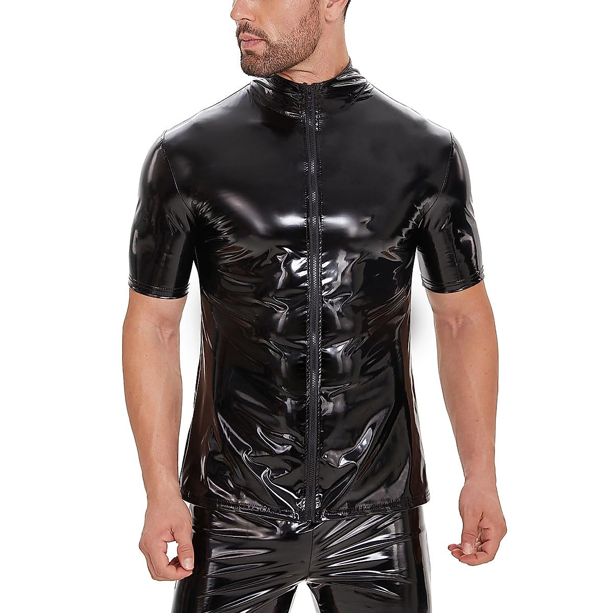 Men Sexy Leather Shirt, Glossy, Plus Size, Full Zipper, Short Sleeve, Shiny Latex Coat For Male, Red