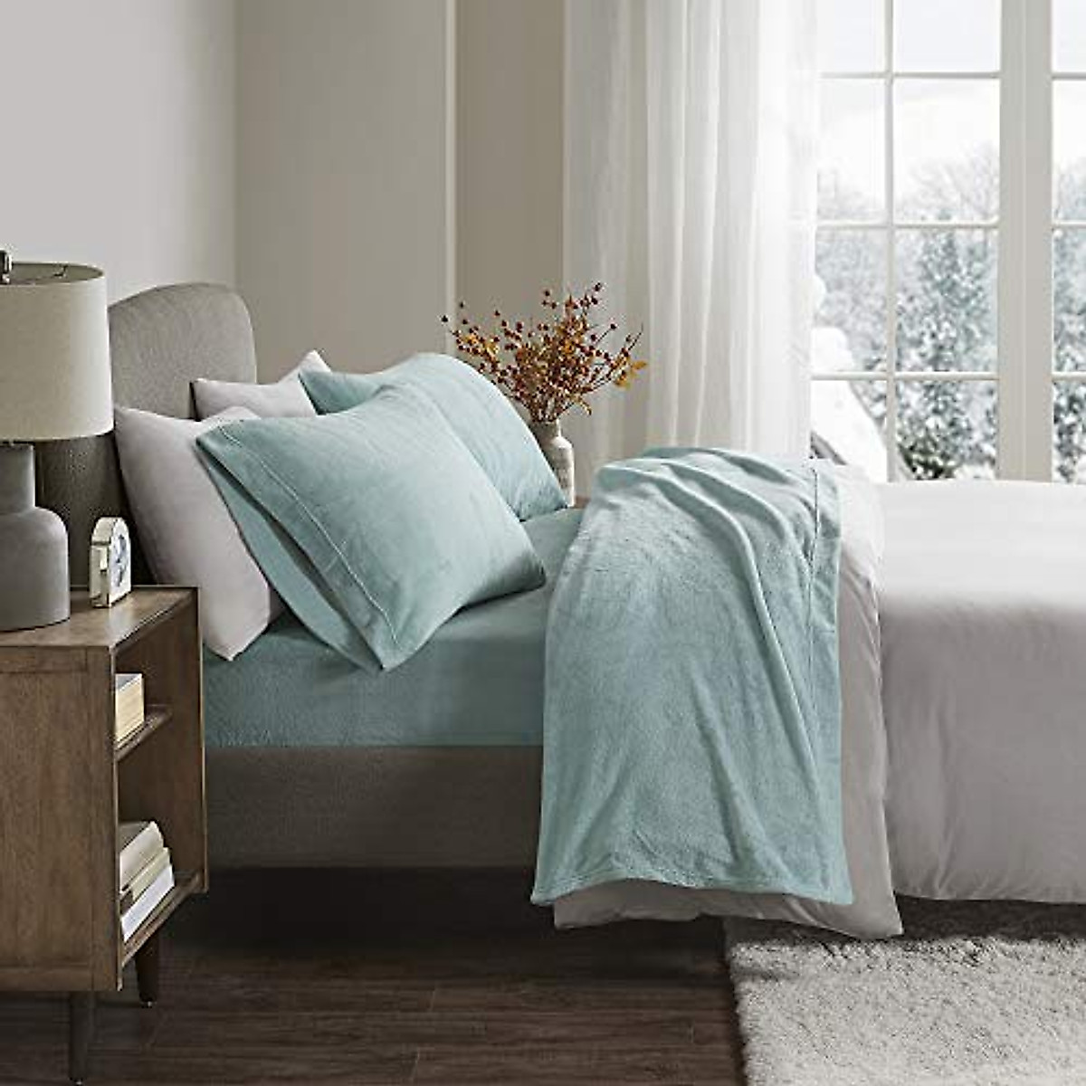 True North by Sleep Philosophy Soloft Plush Bed Sheet Set, Wrinkle Resistant, Warm, Soft Fleece Sheets with 14" Deep Pocket Cold Season Cozy Bedding-Set, Matching Pillow Case, Full, Aqua, 4 Piece