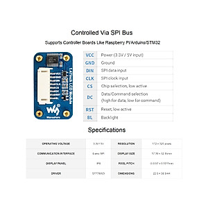 waveshare 1.47inch LCD Module 172×320 Resolution 262K RGB Colors IPS Display for Raspberry Pi, Arduino, STM32,Embedded ST7789V3 Driver,SPI Interface