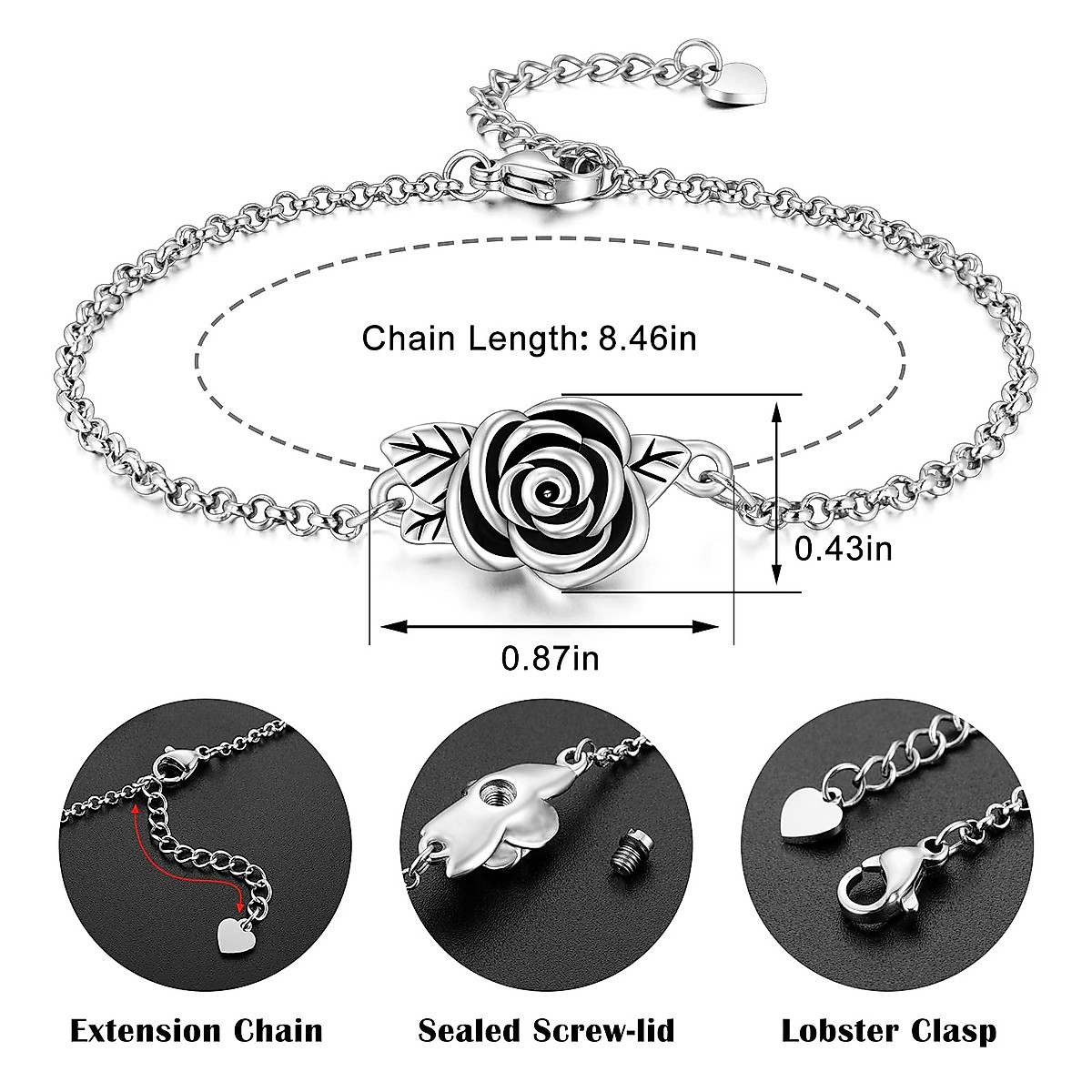 XIUDA Urn Bracelet for Ashes Rose Ashes Bracelet for Women Cremation Bracelet Ashes Holder Bangle Link Chain