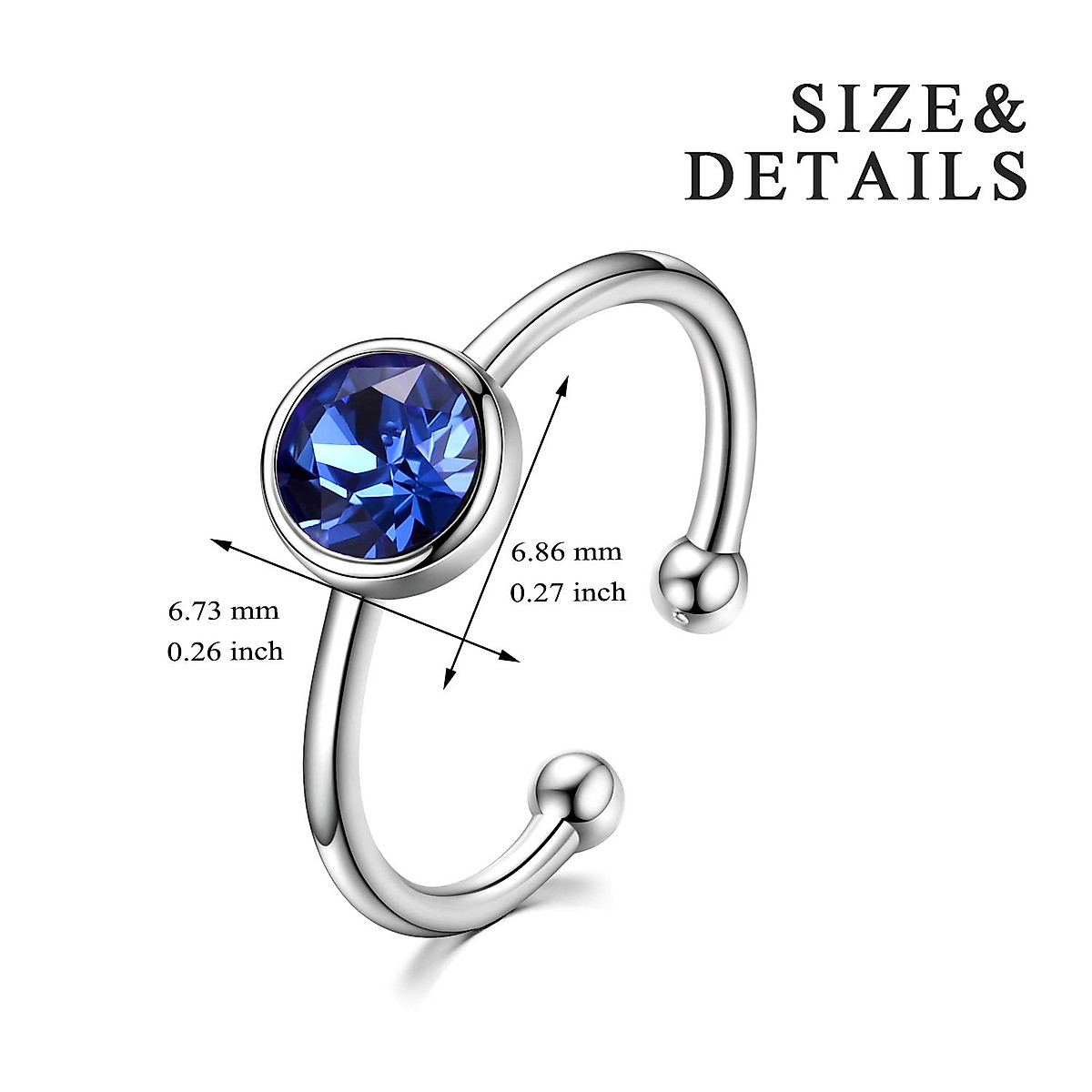 AOBOCO 925 Sterling Silver Created Sapphire Ring September Birthstone Adjustable Stackable Wrap Open Ring for Women, Crystals from Austria