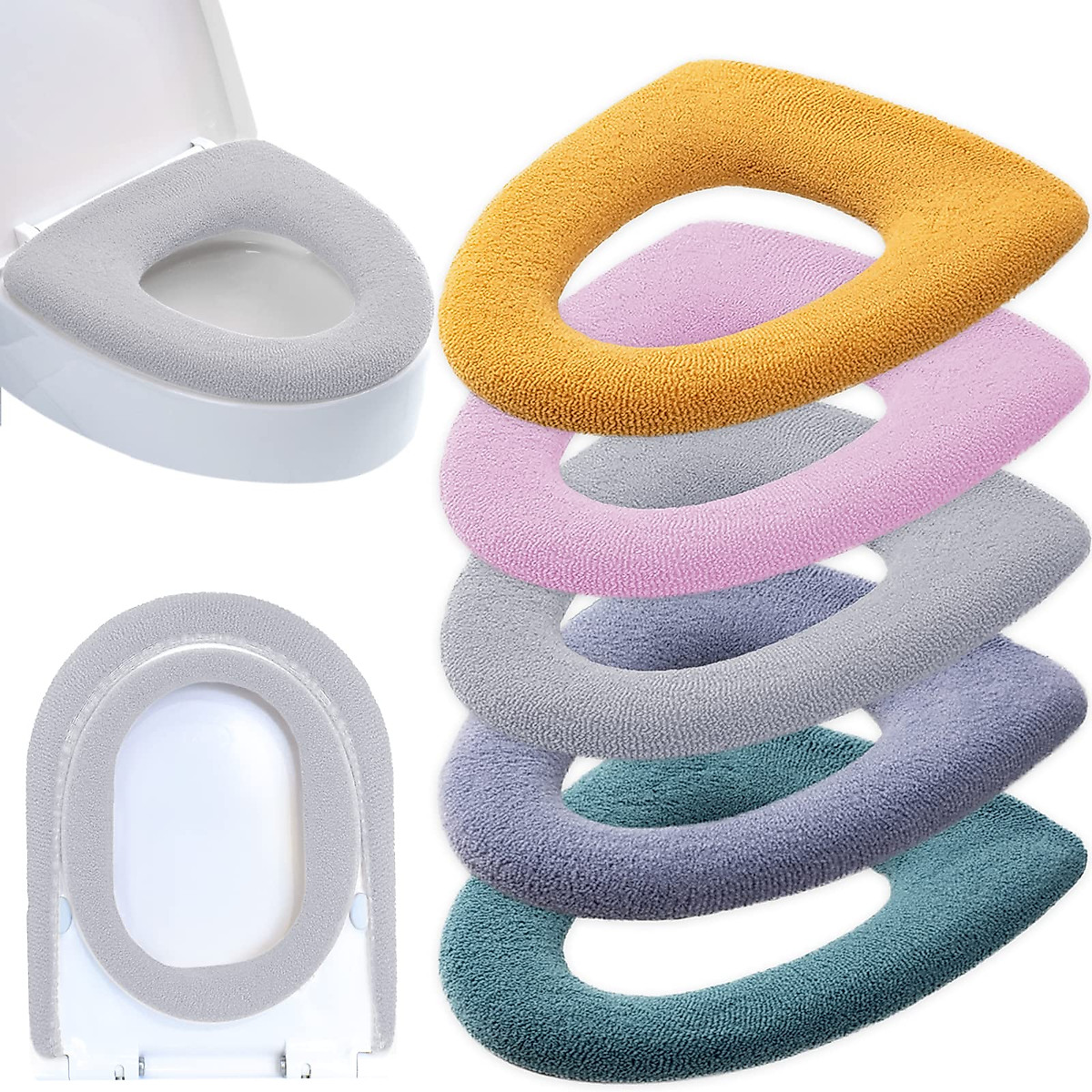 ZeeDix 5 Pcs Thicker Bathroom Soft Elongated Toilet Seat Cover Pad- Warmer Stretchable Toilet Seat Covers Washable Easy Installation Comfortable Cushioned Toilet Covers