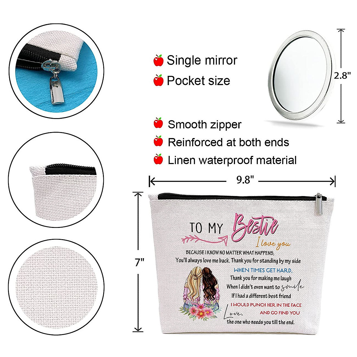 GevGuxLuo Bestie Gifts for Women Best Friend, Birthday Friendship Going Away Gifts for Friends BFF Sister, To My Bestie, I Love You -Makeup Bag Gift for Friend