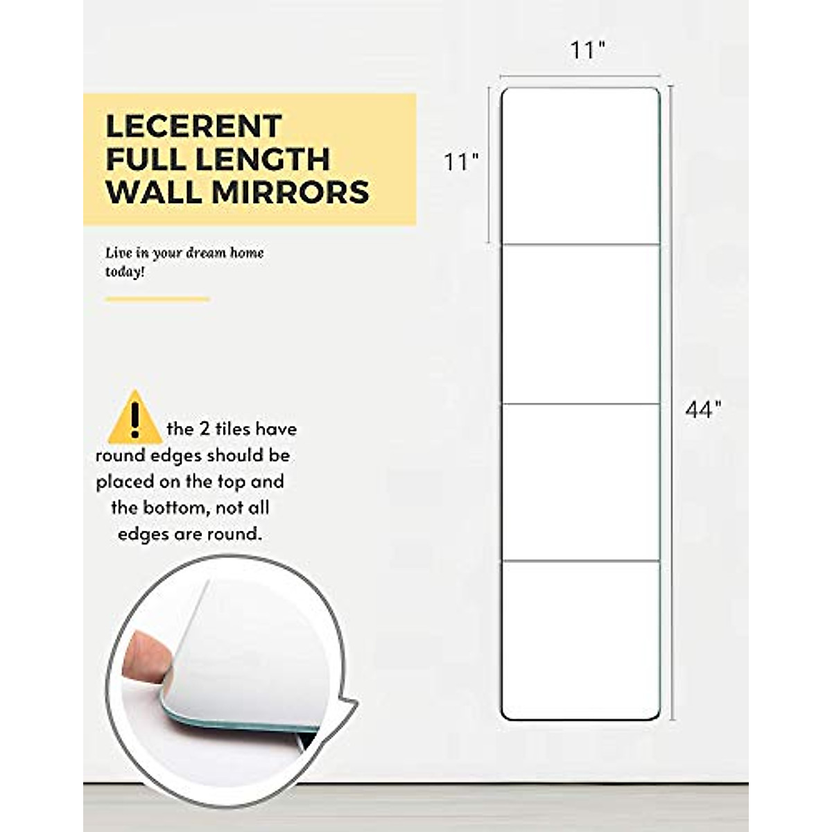 Lecerent Full Length Wall Mirror with Acrylic Adhesive Tapes, 4pcs Frameless Body Mirror Tiles for Bedroom Bathroom Home Gym Closet Door
